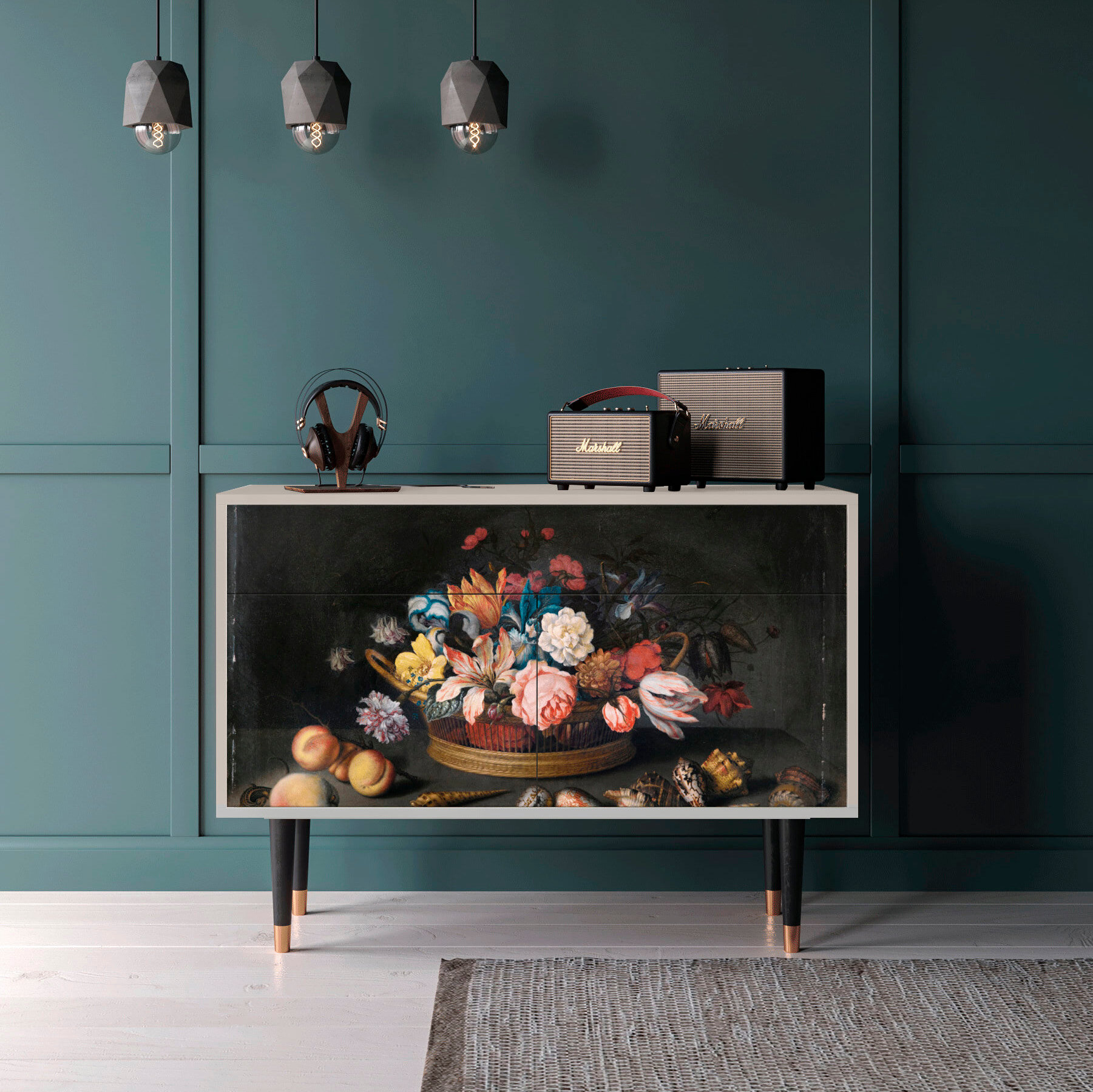 Комод - STORYZ - BS4 Still Life with Flowers and Shells by Balthasar van der Ast , Размер - 115 x 85 x 48 см, Цвет корпуса - Сатин