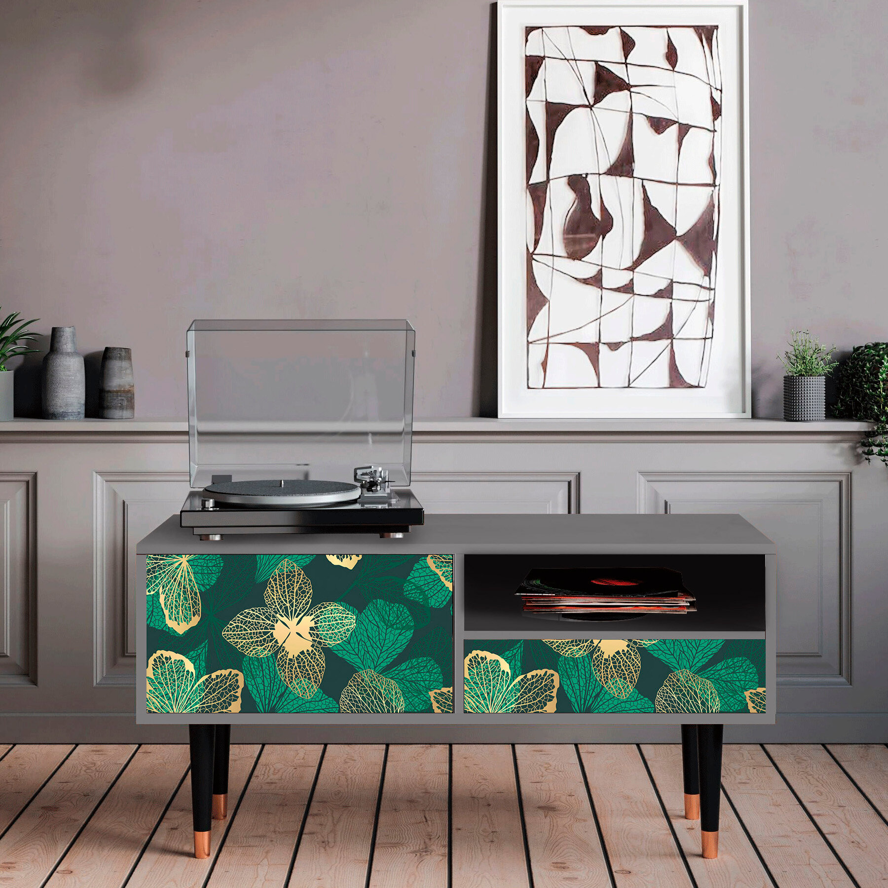 ТВ-Тумба - STORYZ - T3 Green Flower, Размер - 115 x 59 x 48 см, Цвет корпуса - , Серый