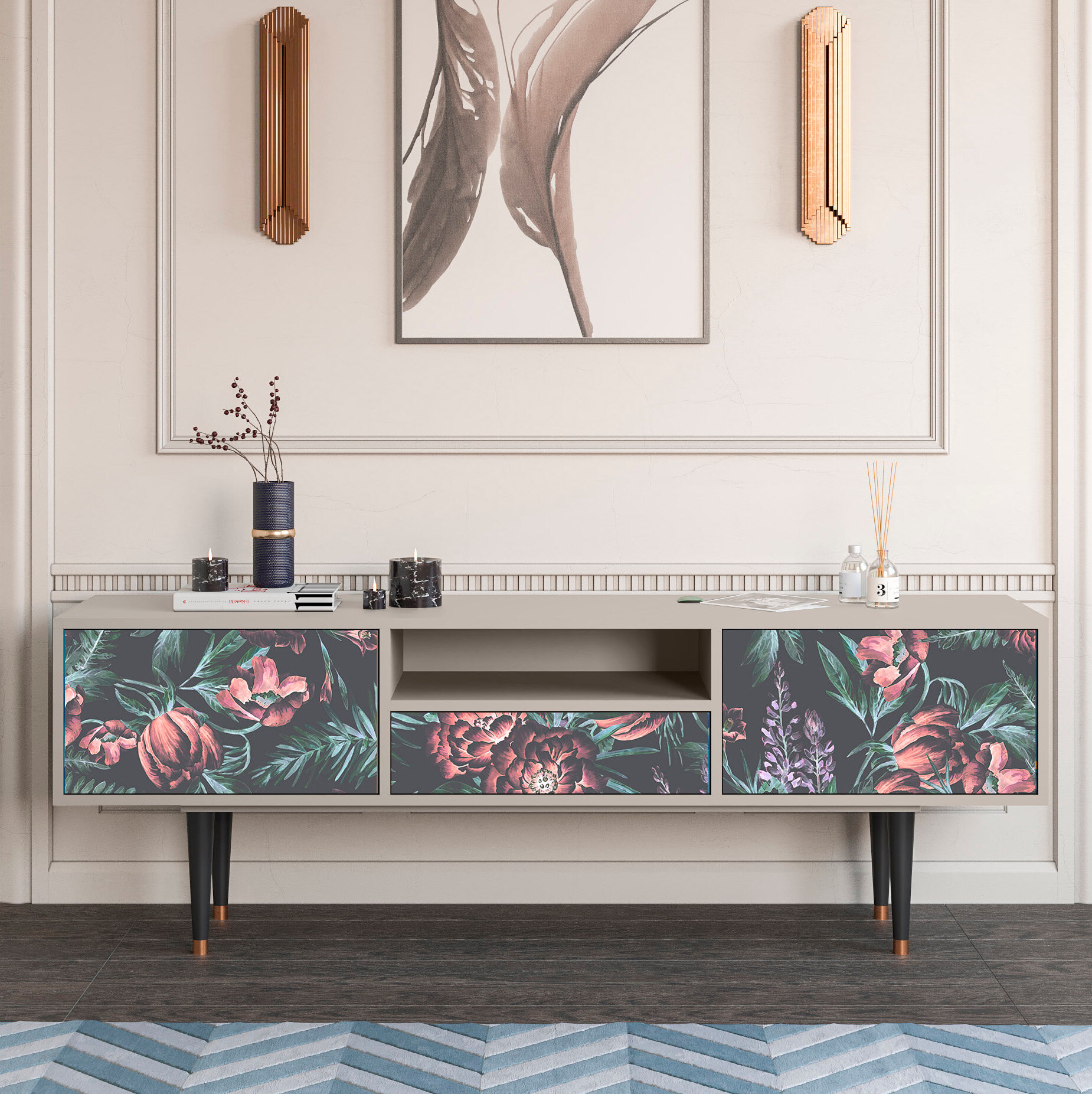 ТВ-Тумба - STORYZ - T6 Dark Peonies, Размер - 170 x 69 x 41 см, Цвет корпуса - , Сатин