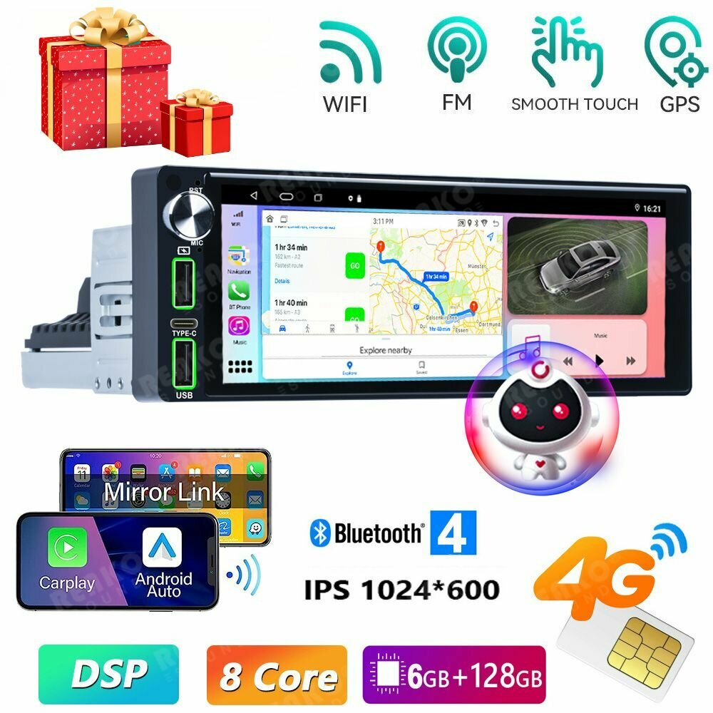 Магнитола для Автомагнито 2 DIN Android Auto Carplay 6.9-дюймовое головное устройство Android FM RDS WIFI