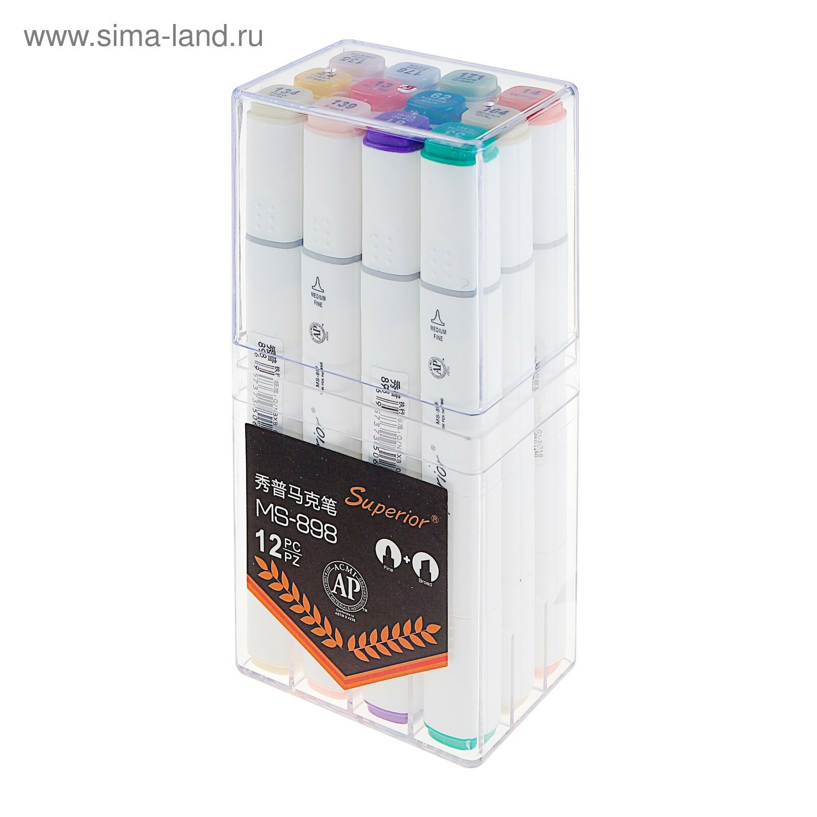 Набор маркеров Superior, профессиональные, двусторонние, 12 шт, 12 цветов в пластиковом боксе/пенале