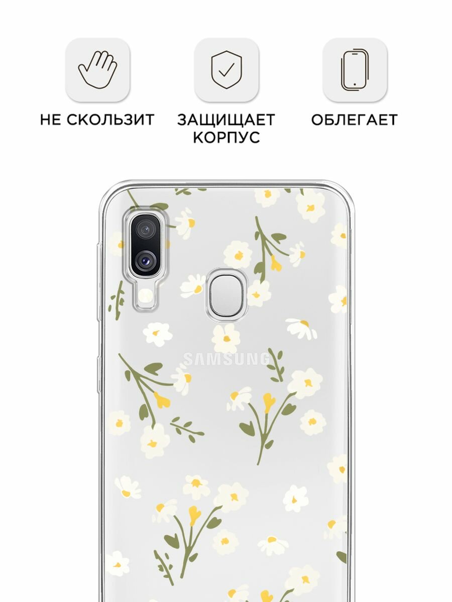 Чехол на Samsung Galaxy A40 / Самсунг Галакси А40 с принтом "Пучки ромашек паттерн", прозрачный — фото 1