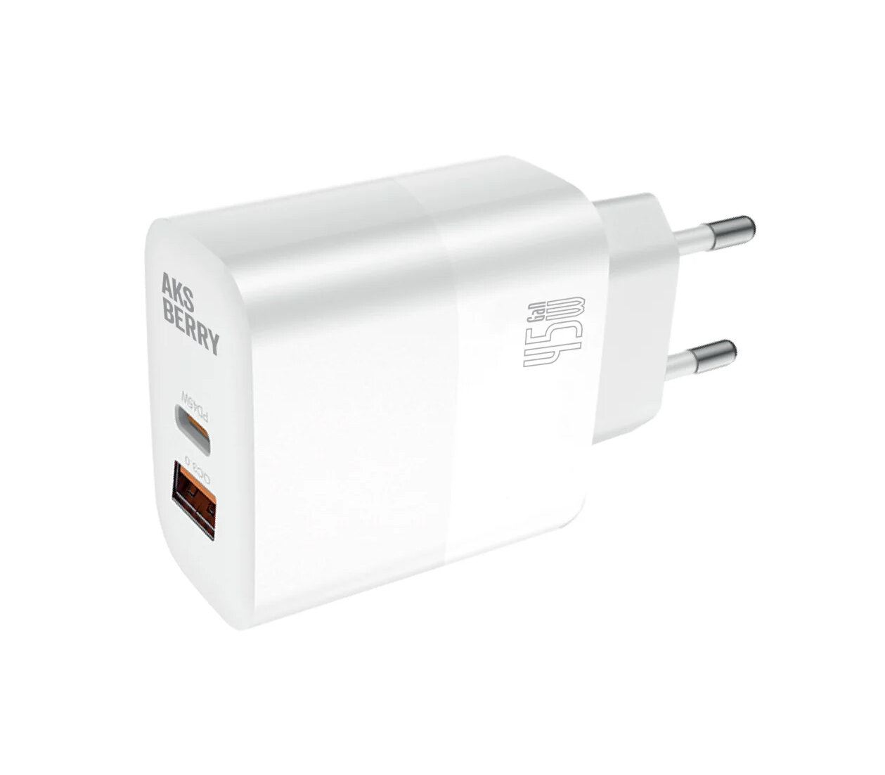 Зарядное устройство Aksberry T45, USB-C + USB-A, 45 Вт, белое