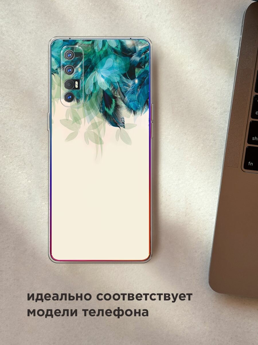 Чехол на Oppo Reno 3 Pro / Оппо Рено 3 Про с принтом Перья голубого цвета — фото 1