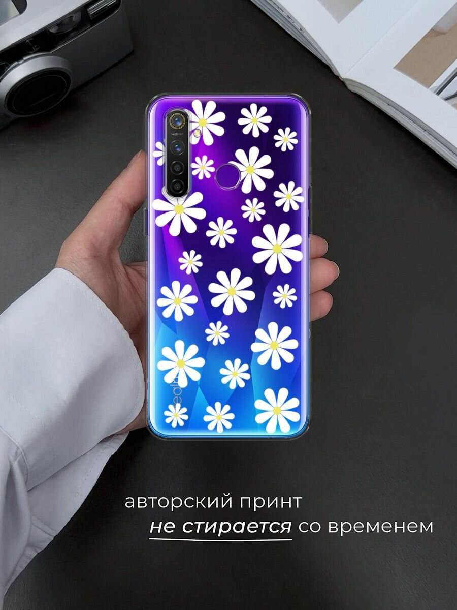 Чехол на Realme 5 Pro / Реалми 5 Про с принтом "Большие ромашки", прозрачный — фото 1