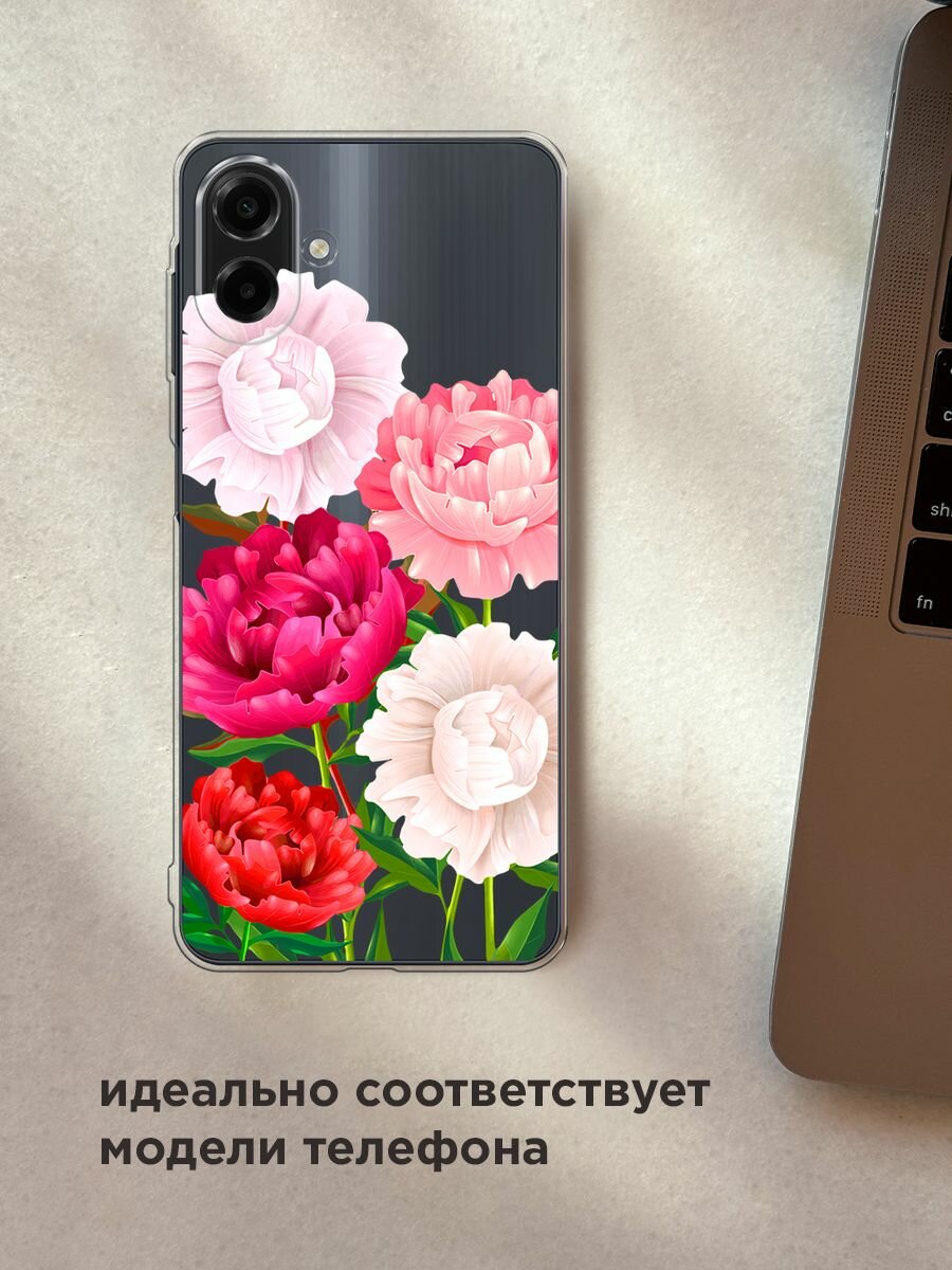Чехол на Samsung Galaxy A07 / Самсунг А07 с принтом "Большие пионы", прозрачный — фото 1