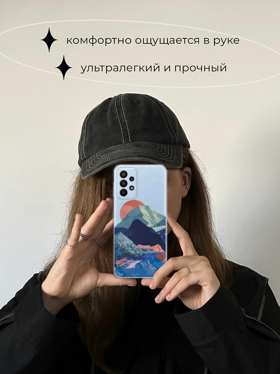 Чехол на Samsung Galaxy A23 / Самсунг Галакси А23 с принтом "Закат в снежных горах", прозрачный — фото 1