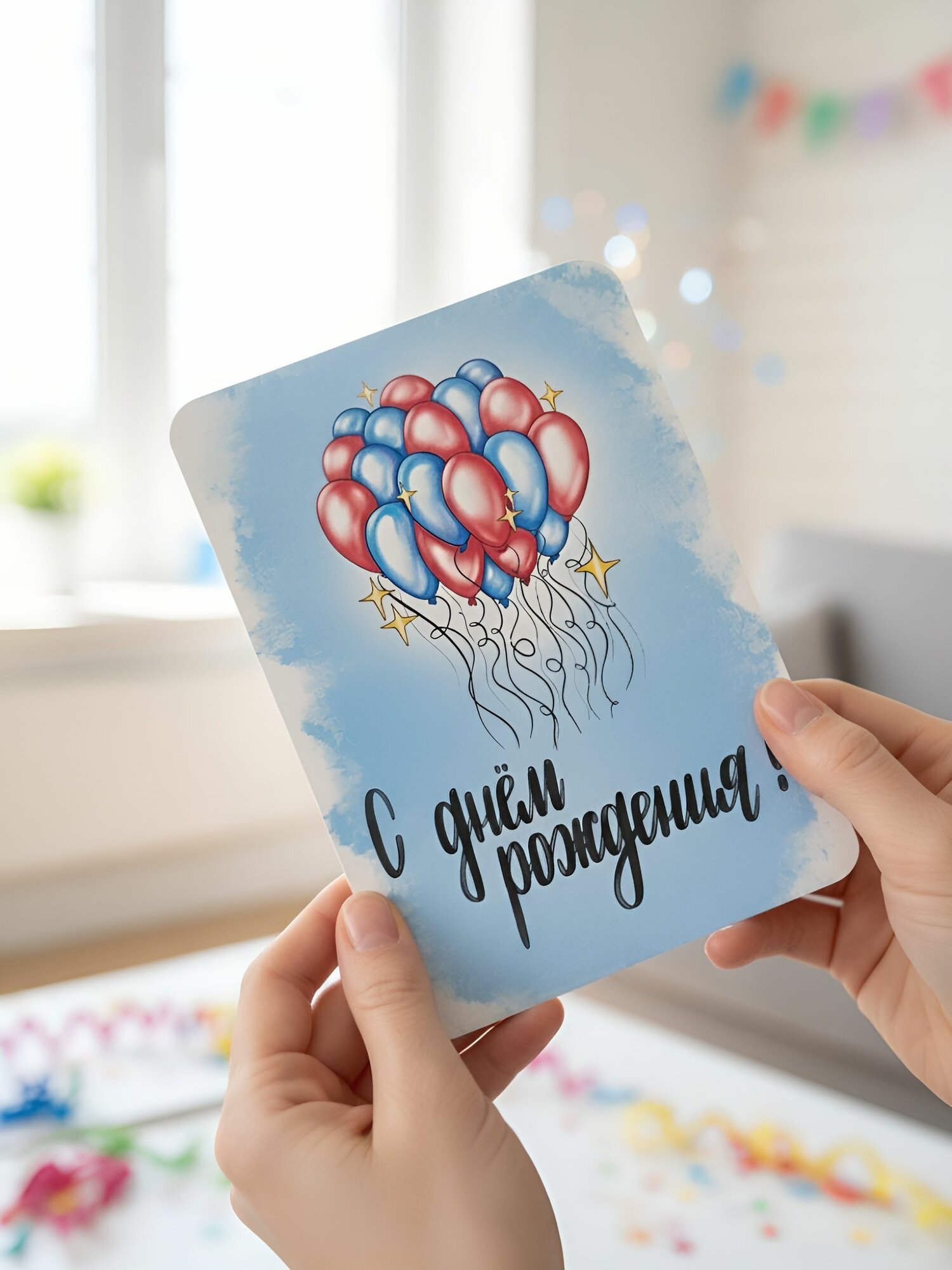 Нежная открытка на День Рождения в пастельных тонах с воздушными шарами. Авторская иллюстрация, с обратной стороной для пожеланий