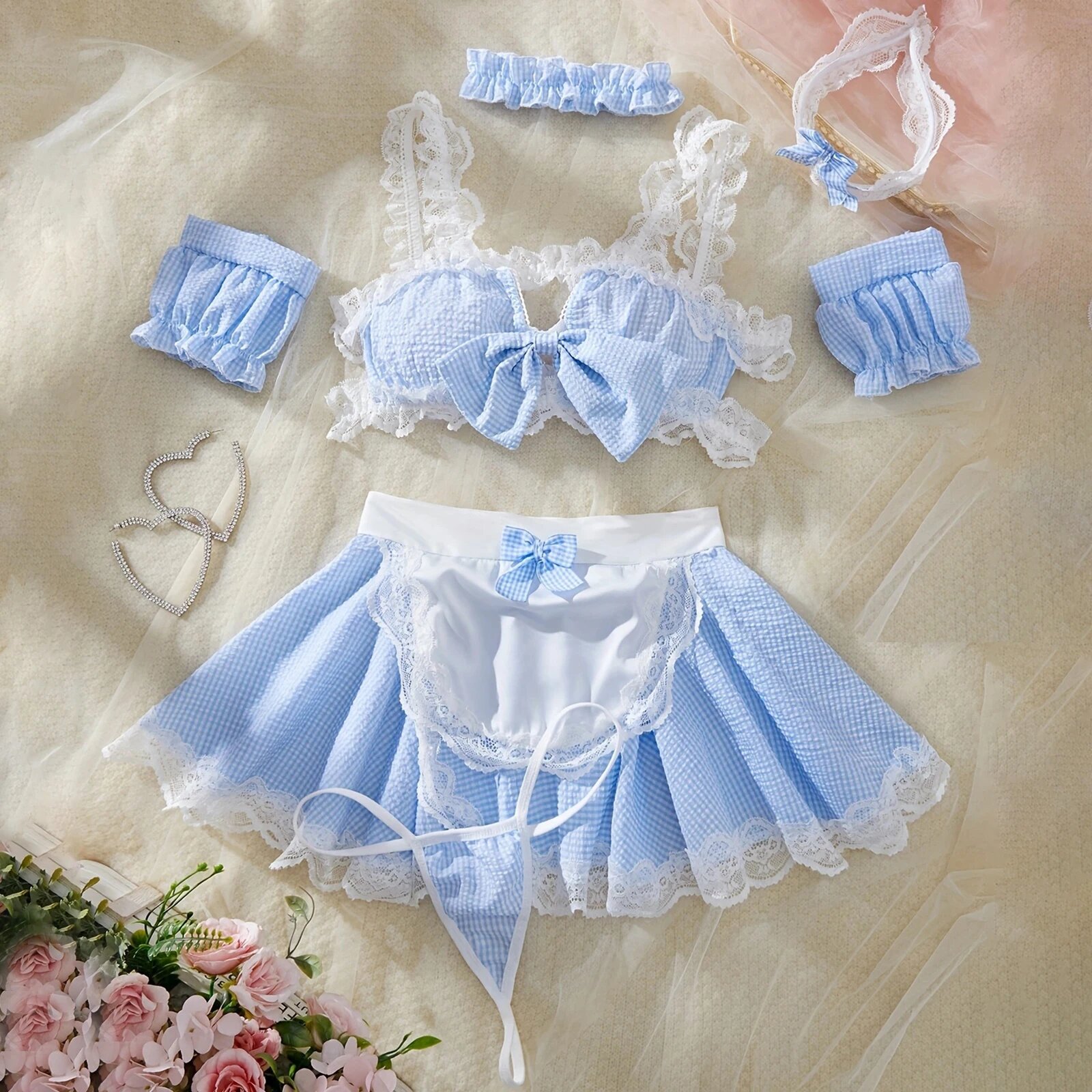 Женский комплект нижнего белья для горничной, без рукавов, клетчатый принт, бант и трусики, фартук, юбка, комплект, сексуальное женское экзотическое ночное белье M, Синий
