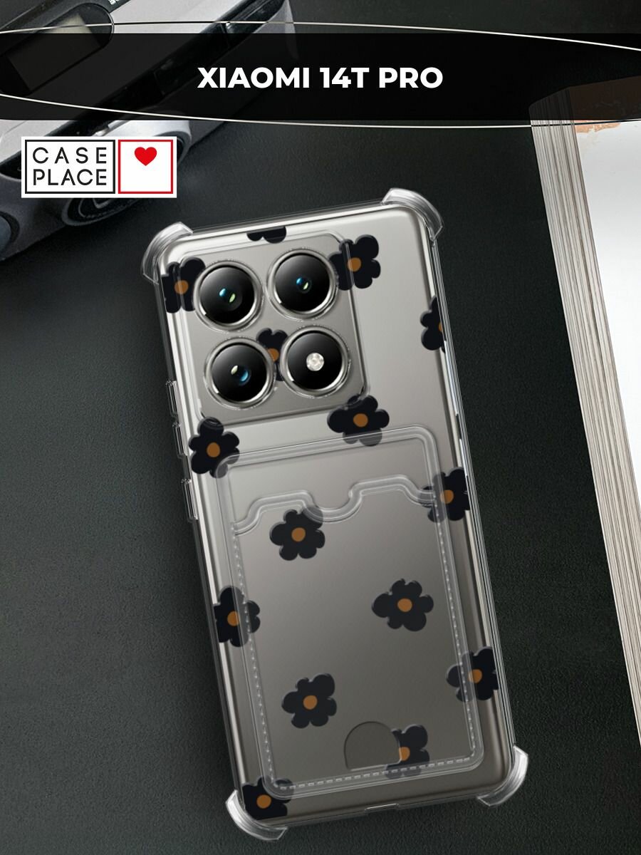 Чехол на Xiaomi 14T Pro (Сяоми 14T Про) с картой и принтом Темные цветочки паттерн