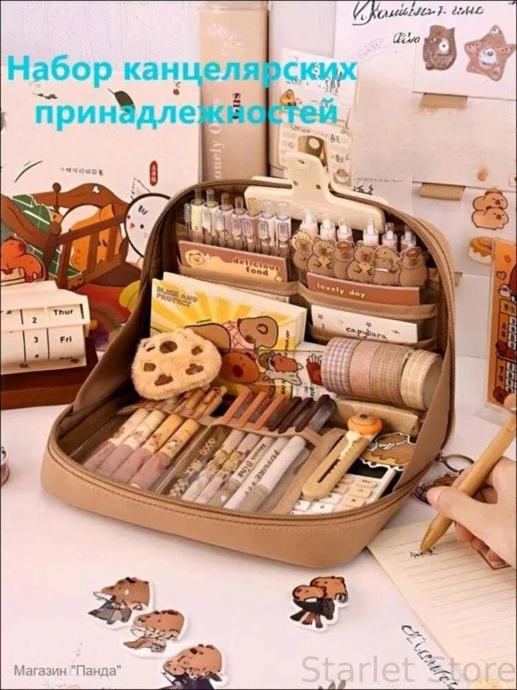 Набор для канцелярии "Капибара": Вместительный пенал с организатором и аксессуарами