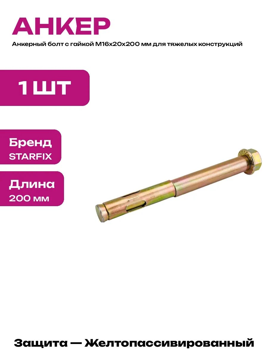 Анкерный болт с гайкой М16х20х200 мм для тяжелых конструкций
