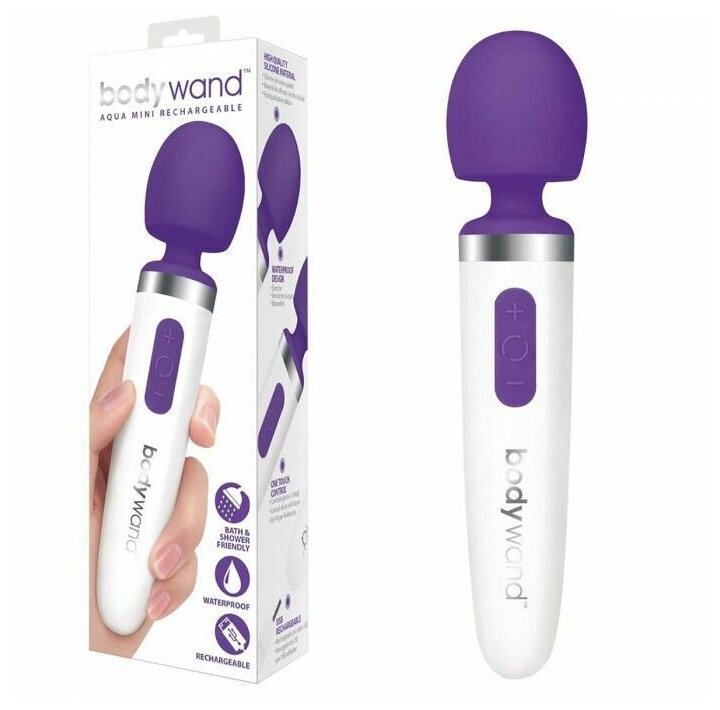 Фиолетово-белый перезаряжаемый жезловый вибратор Aqua Mini Rechargeable Bodywand | Секс-товары для женщин | фиолетовый с белым | Длина - 15 см.