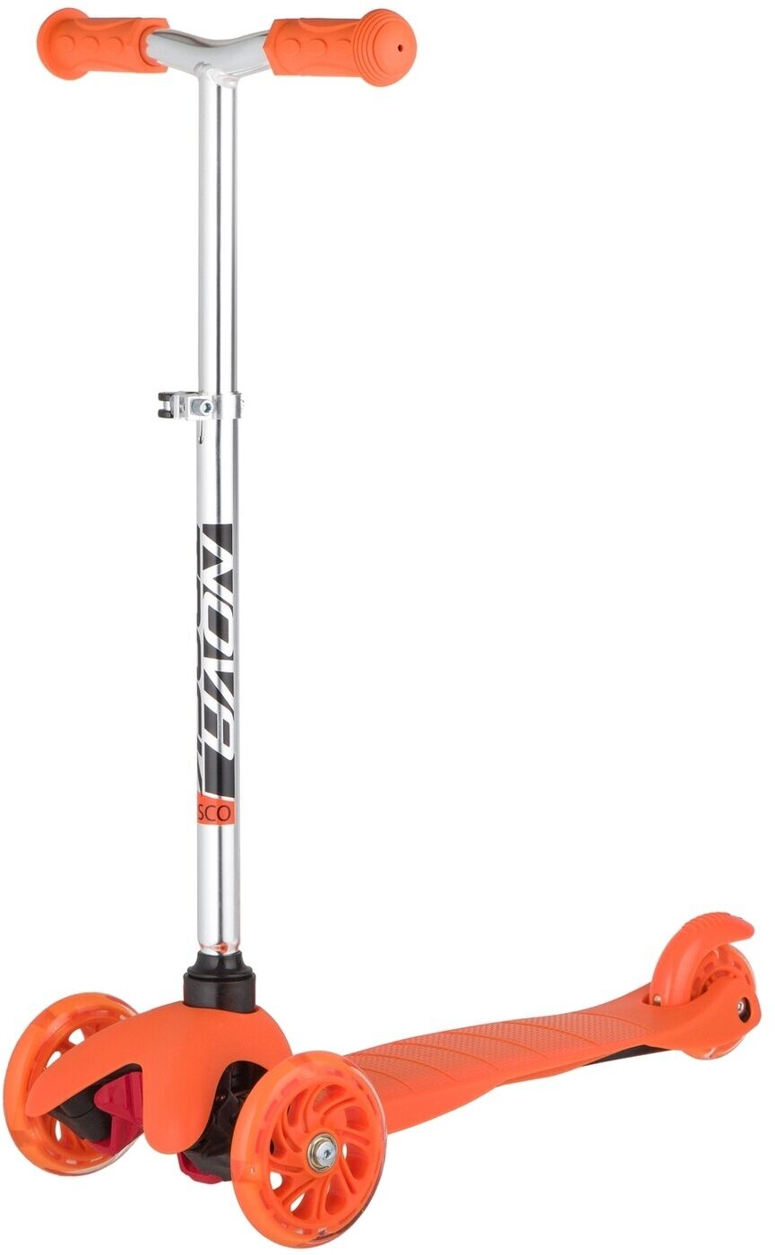 Самокат Novatrack Disco-kids Basic для детей, светящиеся колеса PU передние 120*24 заднее 76*24мм, эргономичный быстросъемный Y-руль с нескладными рукоятями, регулируемый по высоте, оранжевый