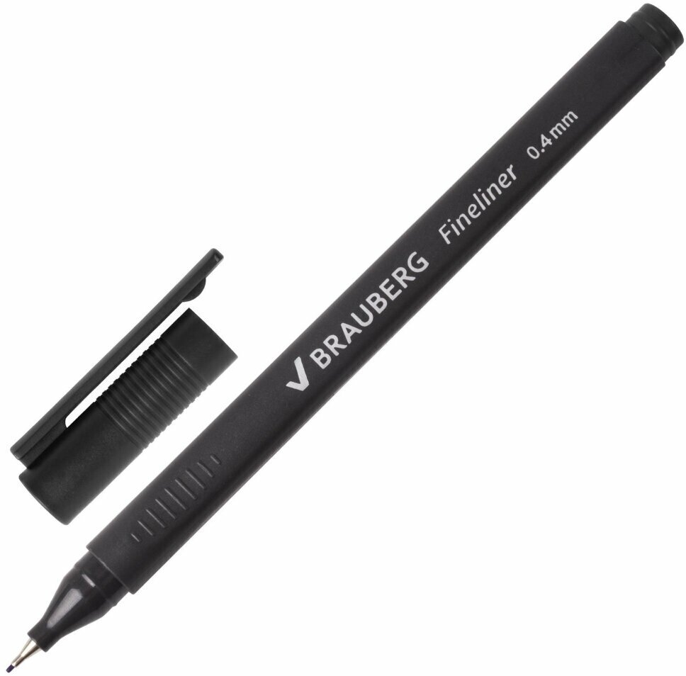 Ручка капиллярная (линер) BRAUBERG "Carbon", черная, металлический наконечник, трехгранная, линия письма 0,4 мм, 141523, 141523