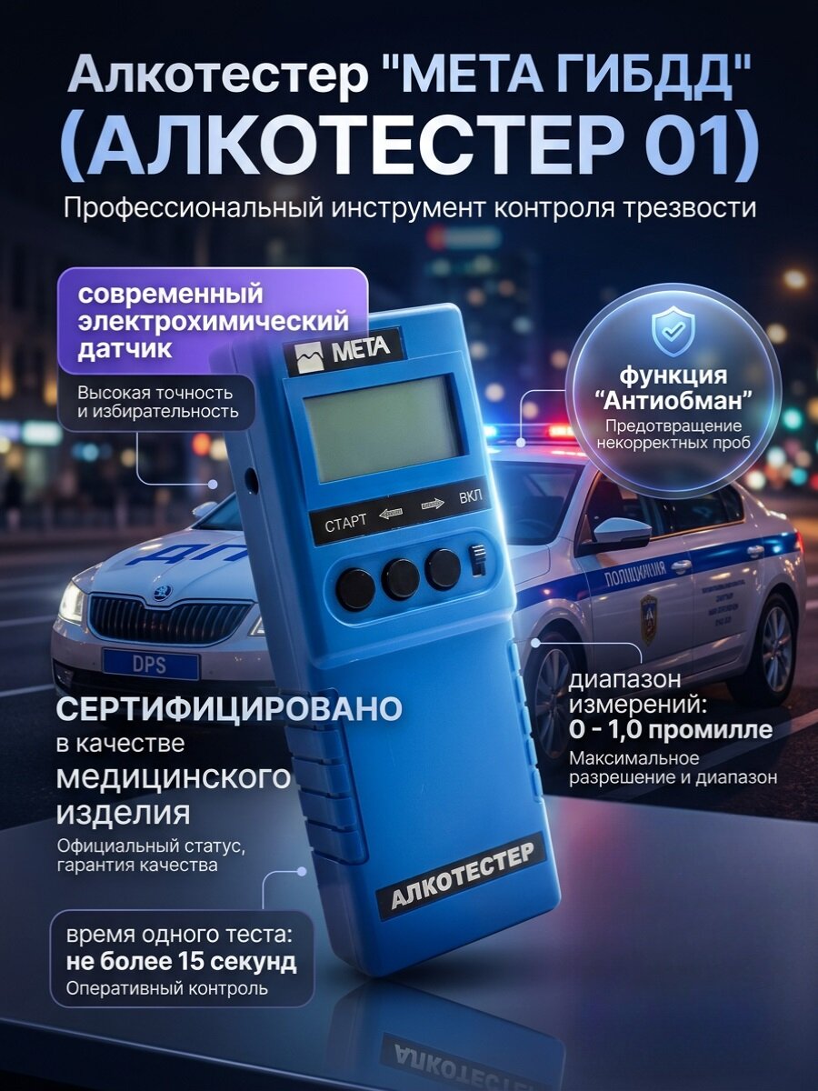 Алкотестер Мета "ГИБДД" (Алкотестер-01) цифровой, электрохимический