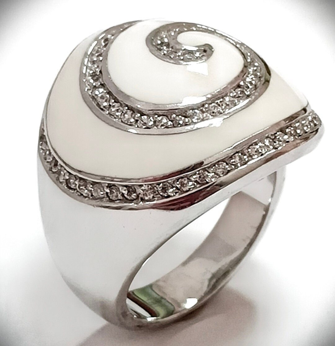 Перстень, серебро, 925 проба, родирование, фианит, эмаль