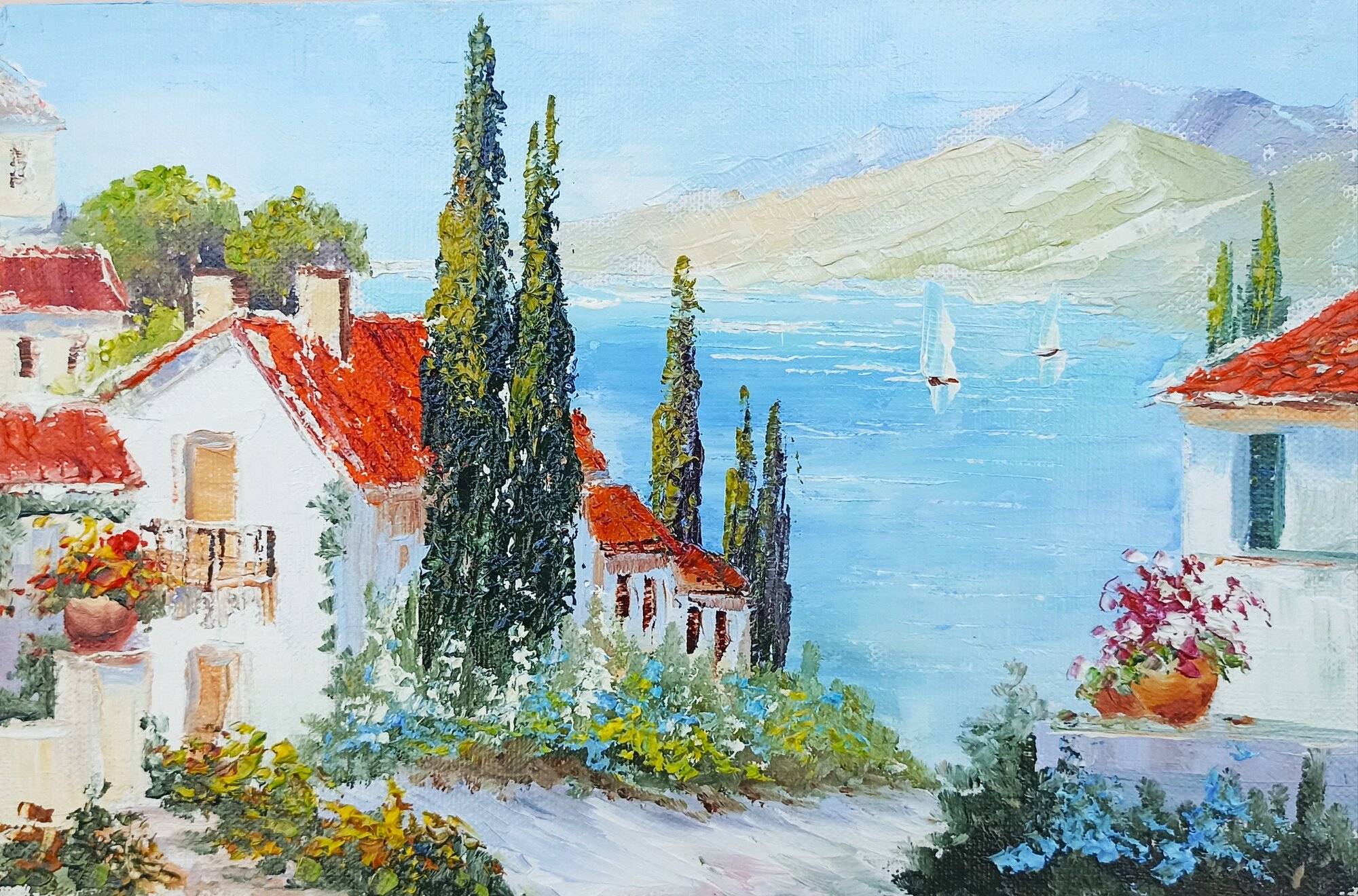 Картина масло/холст. 100% ручная работа, 100% живопись от Художественной мастерской Грëзы. Картина из серии "Средиземноморье". Картина написана в импрессионистском стиле. Размер 20х30 см.