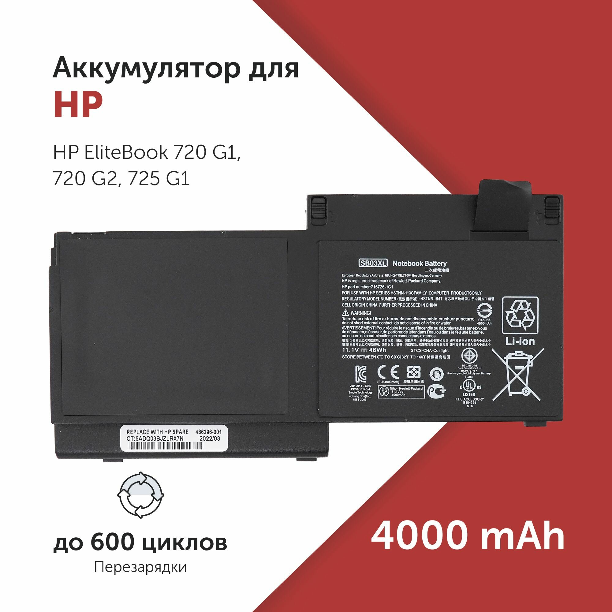 Аккумулятор HSTNN-LB4T для ноутбука HP EliteBook 720 G1 / 820 G1 (E7U25AA, F6B38PA) 4000 мА·ч