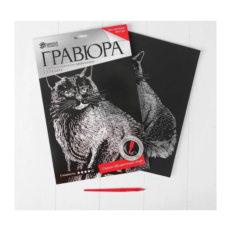 Гравюра "Бирманский кот" с металлическим эффектом серебра А4 + штихель Гравюра с металлическим эффектом - серебро