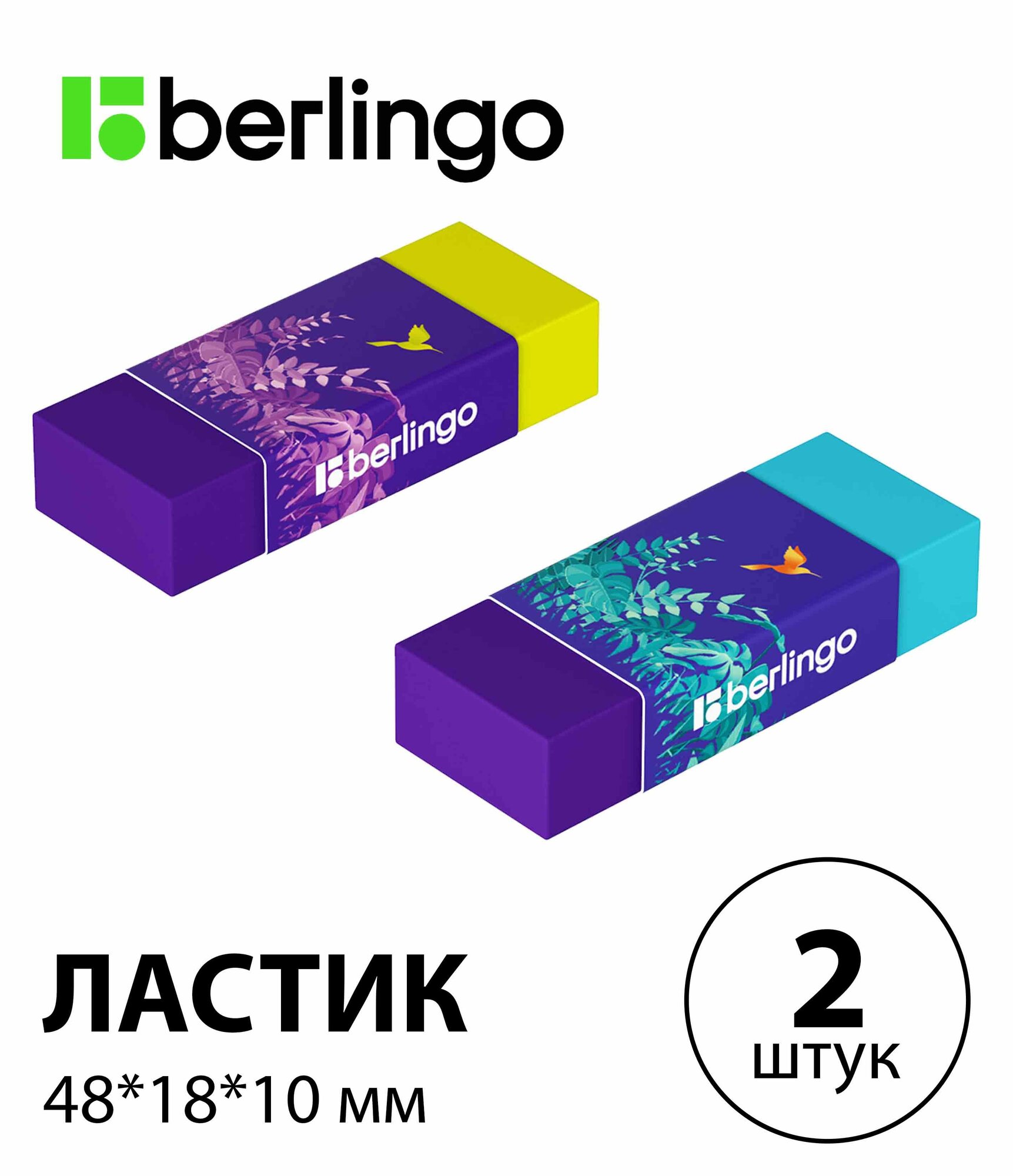 Набор 2 шт. - Ластик Berlingo "Flower Art", прямоугольный, Eco-Pvc, 48*18*10 мм, ассорти BLc_00S20