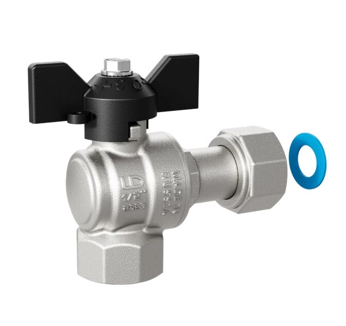 Кран шаровой латунный угловой с накидной гайкой LD Pride 47.15. В-НкГк. У. Б Ду 15 Ру 40 бабочка арт. LD 47.246.15