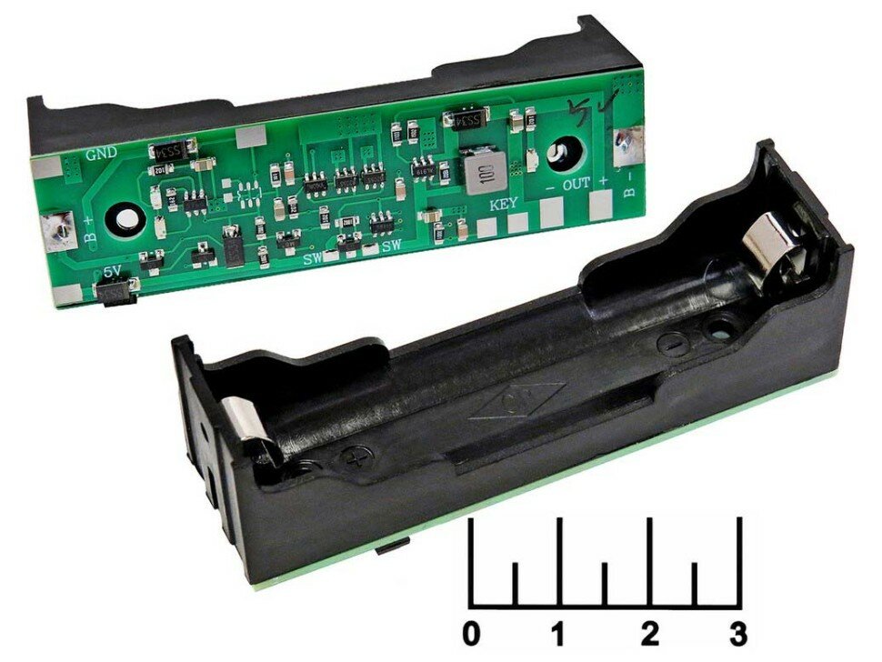 Преобразователь DC/DC вход 2.6-4.2V/выход 5V + батарейный отсек BAT/HOLD. 1*18650 (повышающий)