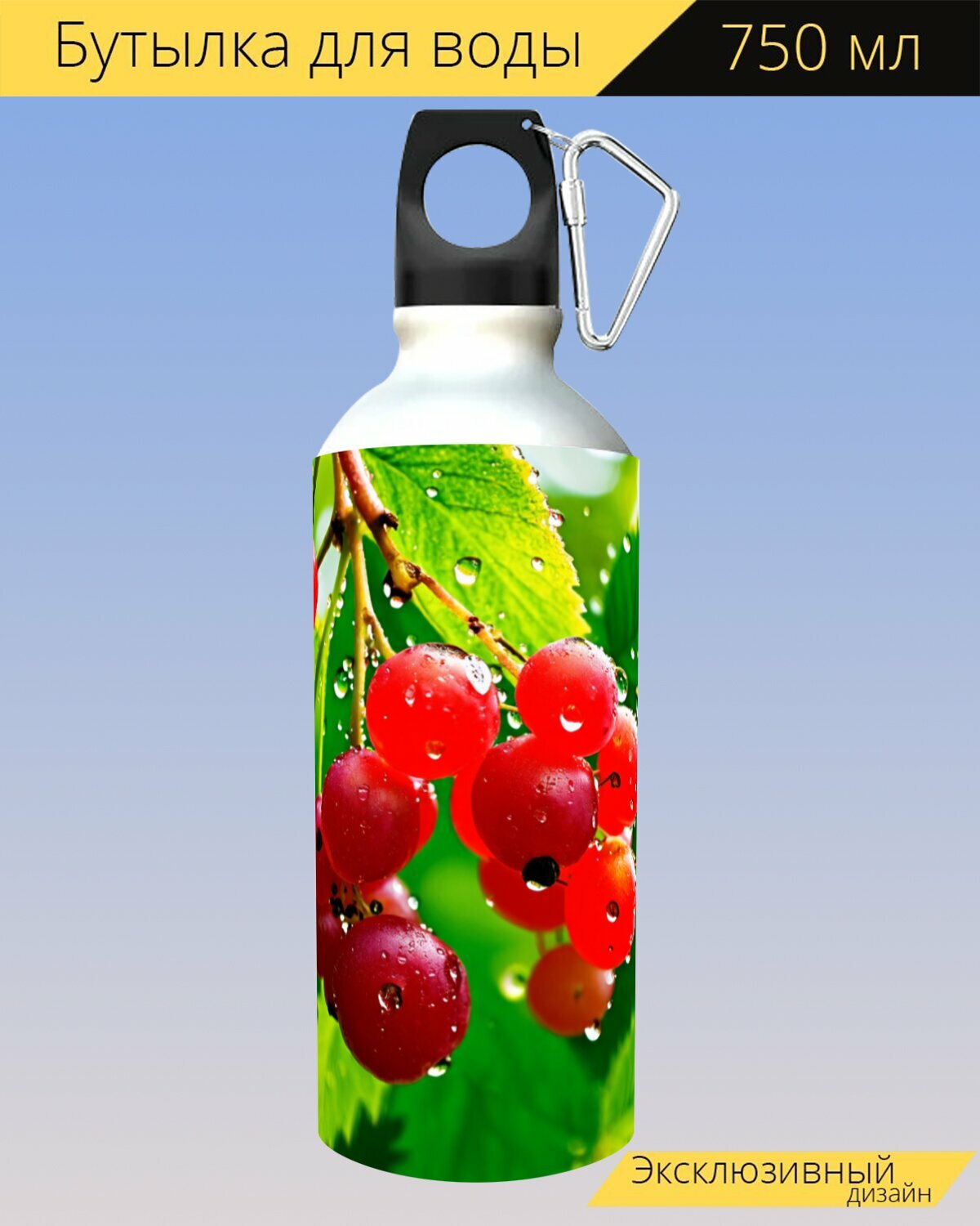 Бутылка фляга для воды "Крупный план спелых красных смородин, покрытых капельками воды, на фоне зеленых листьев. Освещение мягкое, с солнечными." 750 мл. с карабином и принтом