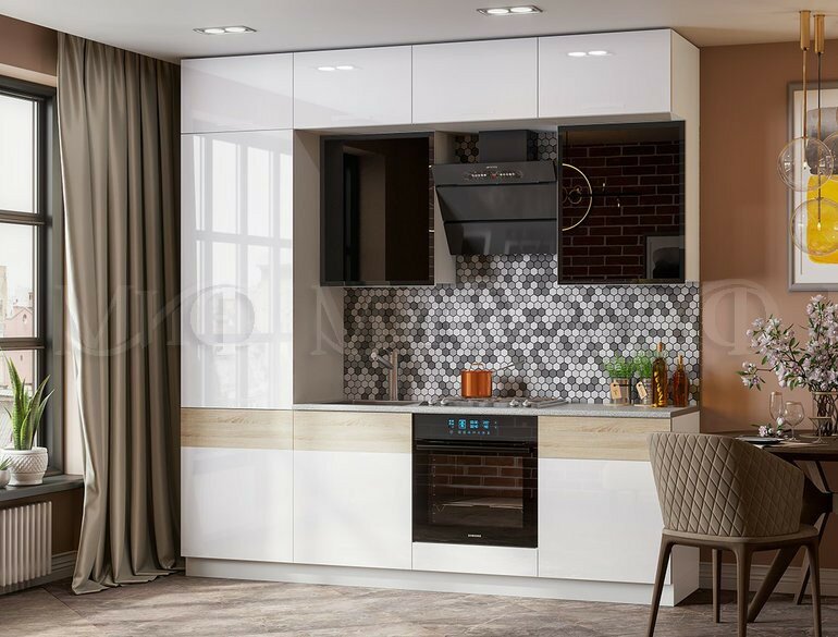 Кухня прямая Миф Техно-5 размер 2,4м Белый глянец NEW с пеналом