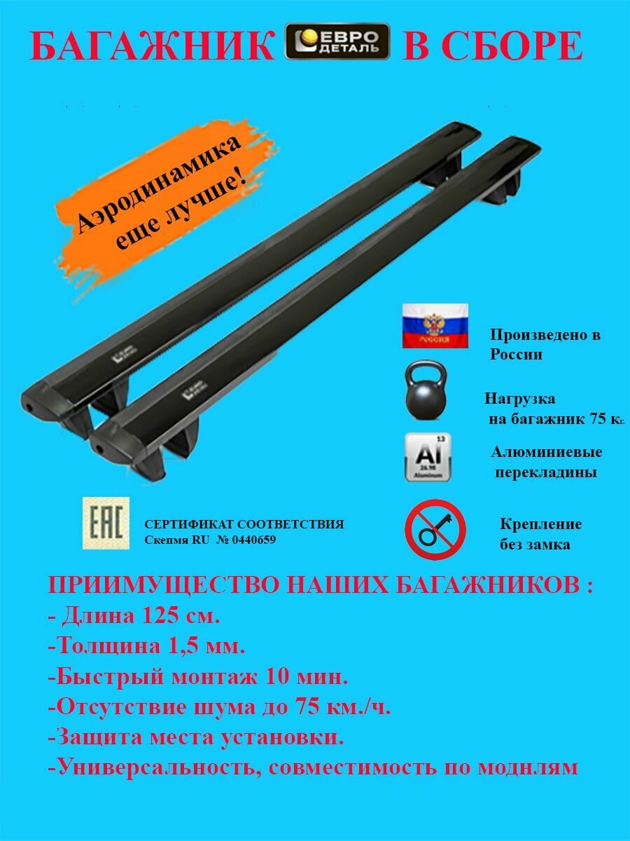 Багажник на крышу/ на рейлинги Renault Kangoo минивен 2003-2025 - Крыловидные черные перекладины 125 см - Евродеталь "Compact" Без замка/ автобагажник