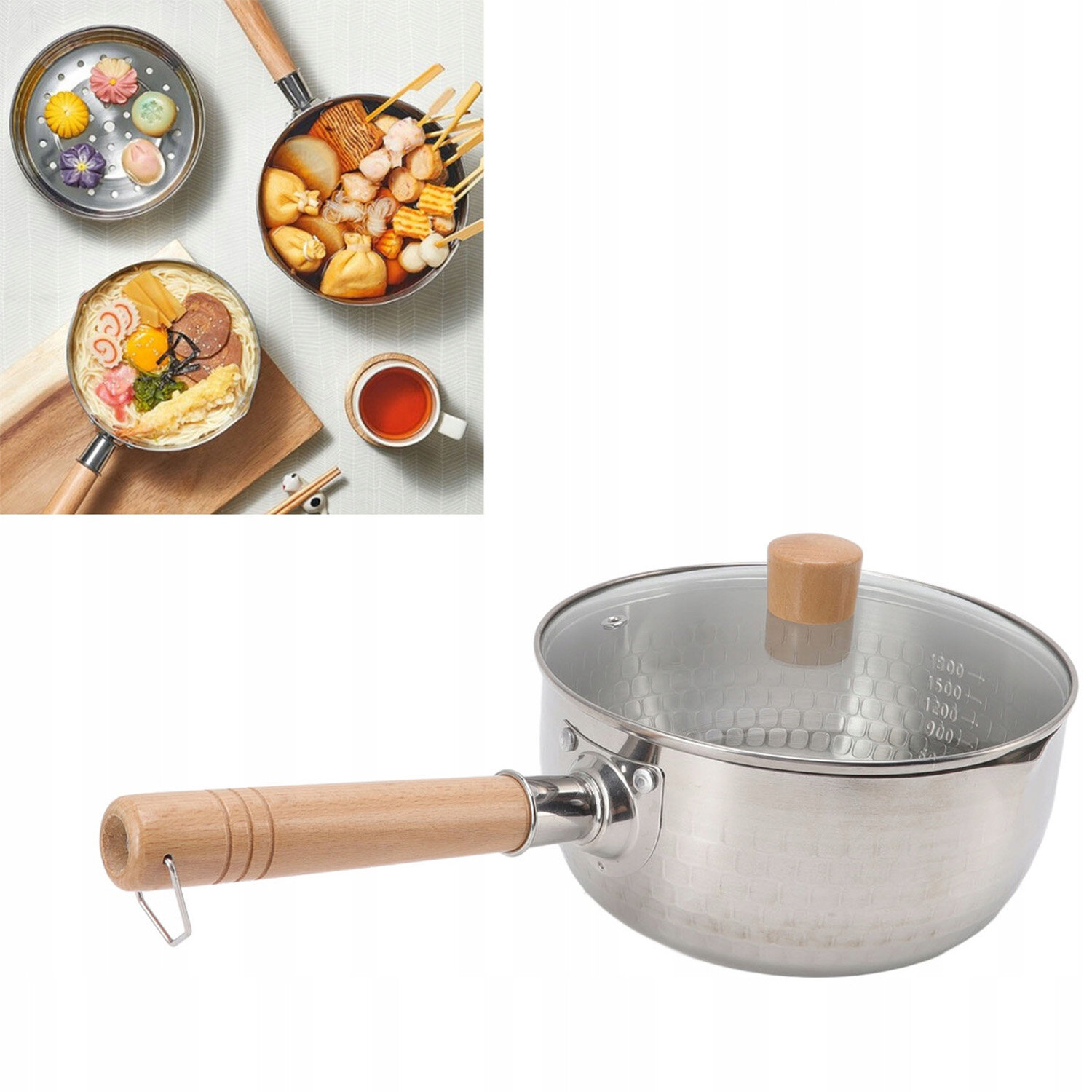 Кастрюля для тушения из нержавеющей стали 20 см, японский стиль, деревянная ручка, молочная кастрюля, для жареной курицы и овощного супа, кухонные принадлежности для готовки, 304 нержавеющая сталь, массивное дерево, стекло, размер 14x20 см, длина ручки