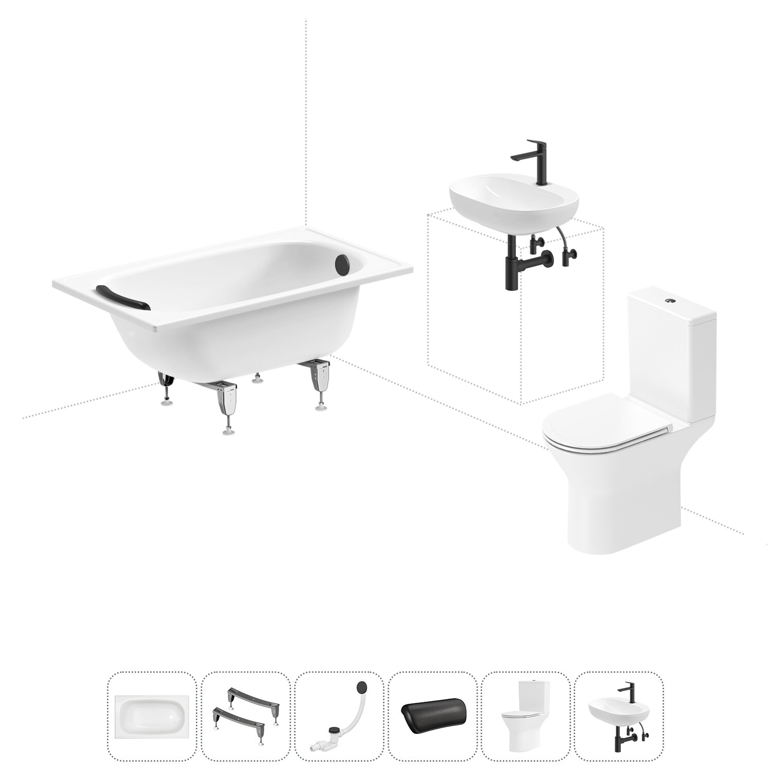 Стальная ванна 120х70 Sanitana BLB Europa 20220587R в наборе 6 в 1: металлическая ванна 120 х 70 см, ножки, слив-перелив, подголовник, унитаз, раковина с комплектом для подключения