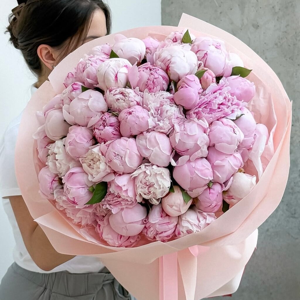 Букет из розовых пионов 51 шт, красивый букет цветов, шикарный, премиум цветы, премиум букет