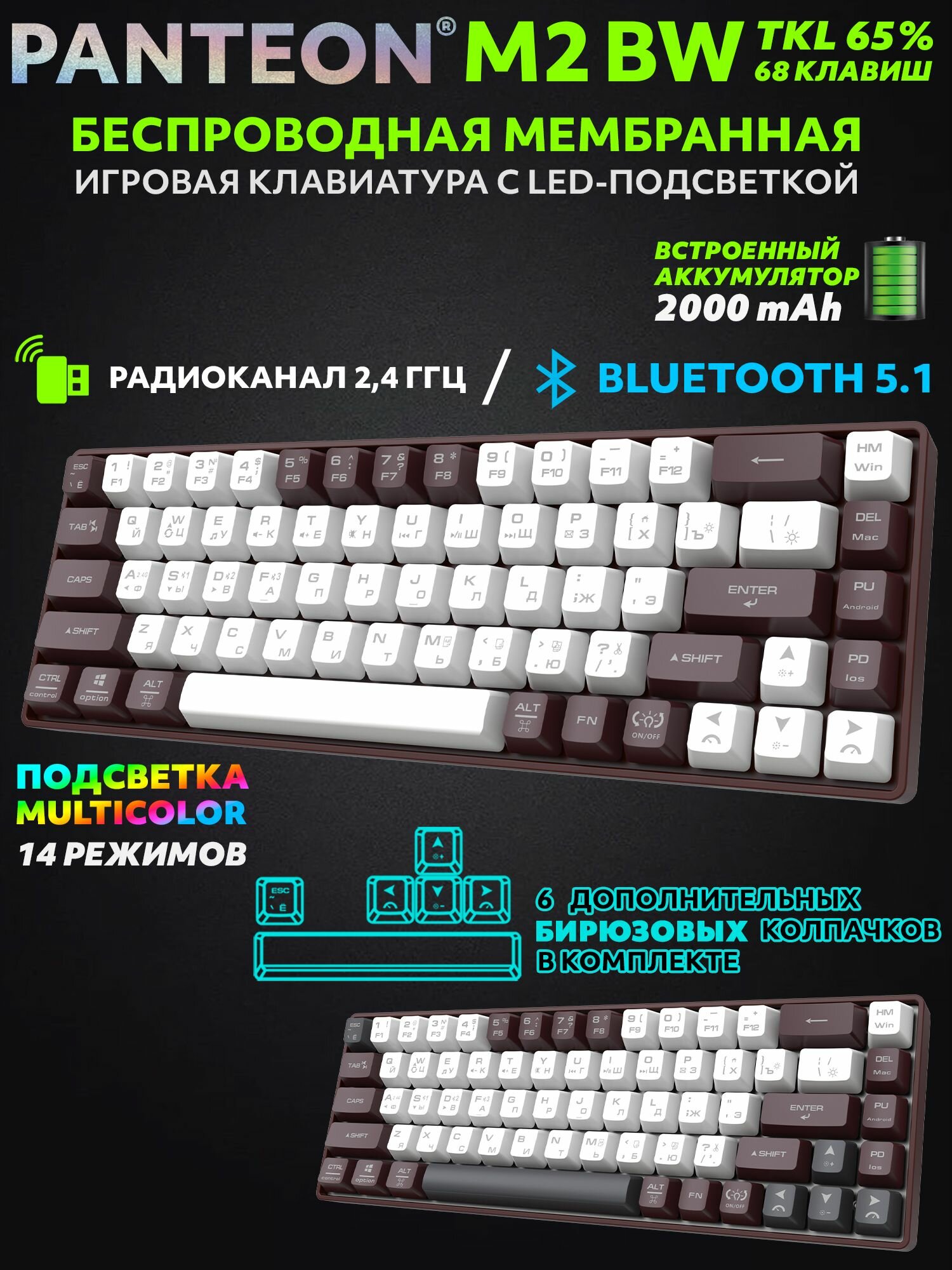 Клавиатура PANTEON "M2 BW", мембранная, подсветка, русская раскладка
