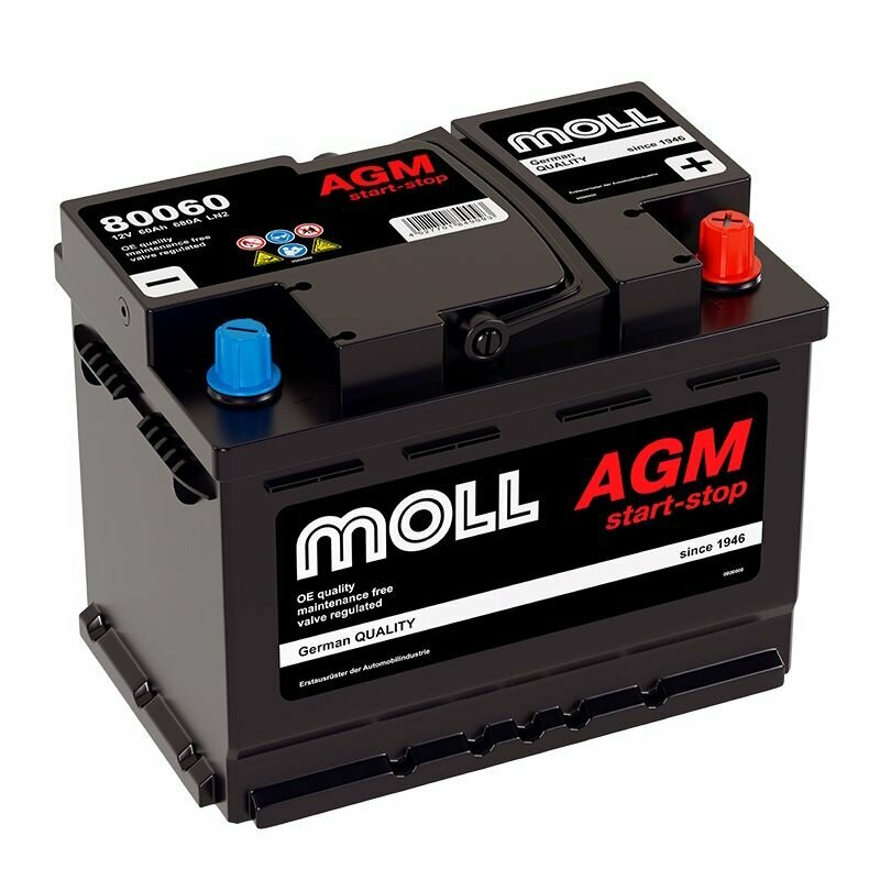Аккумулятор MOLL AGM 80060 (12В 60Ач 680А 242х175х190мм) обр. пол.