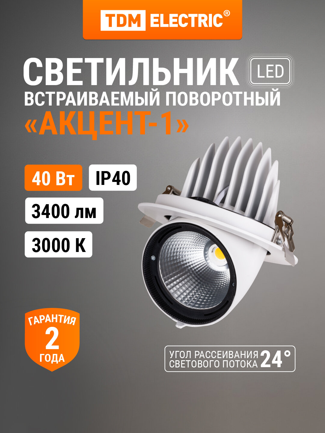 Светильник встраиваемый поворотный "Акцент-1" LED DSL-01-040-WW 40 Вт, 24°, 3000 К, 90 Ra, IP40, TDM