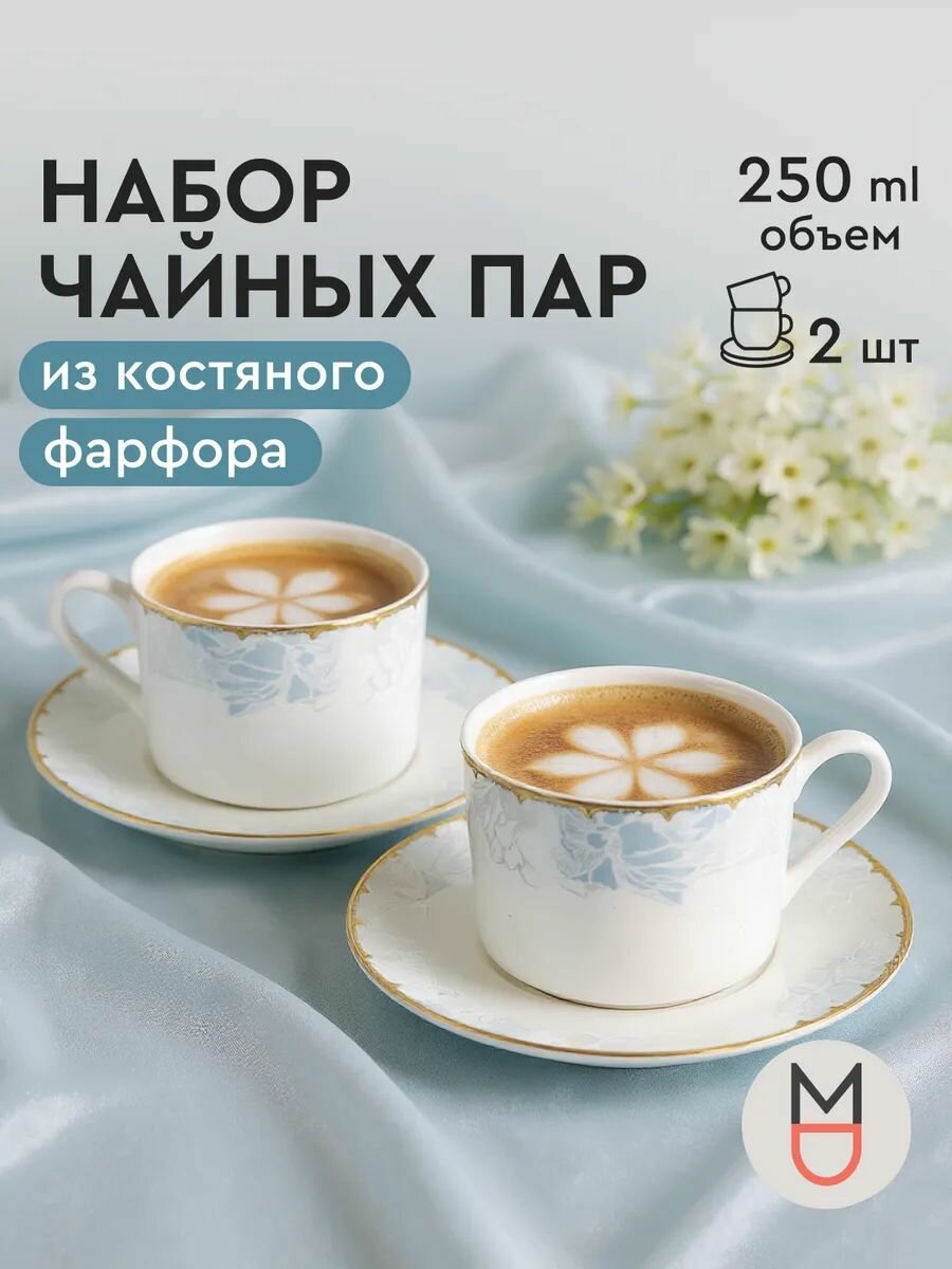 Чайная пара/ Чайный сервиз "Шёлк" костяной фарфор, 250 мл, на 2 персоны