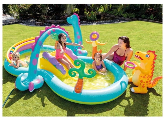 Игровой центр Динолэнд 57135 Intex 302*229*112 см с горкой и фонтаном, клапан, INTEX, 57135