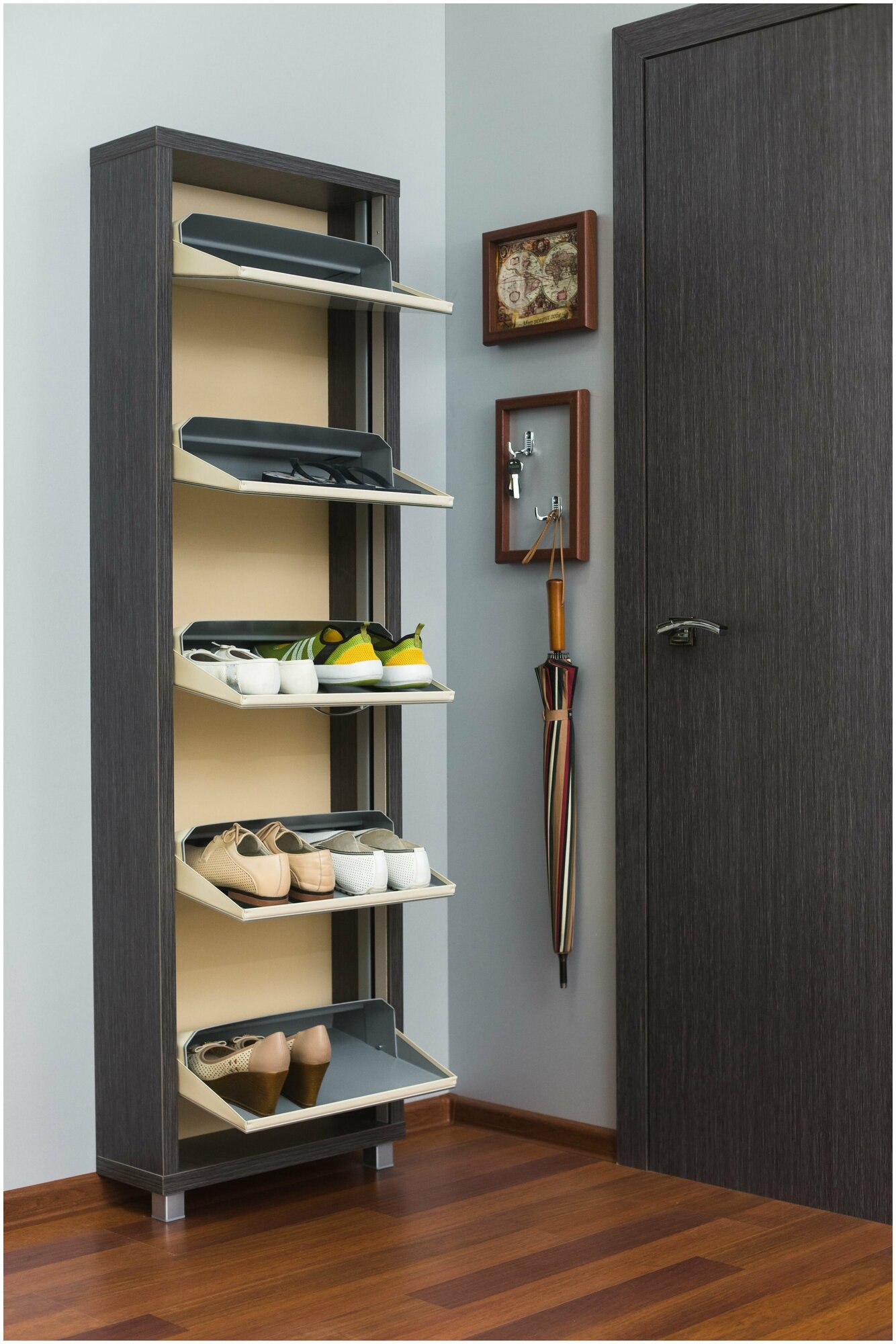 Обувница Люкс, ЛДСП, 5 секций, 54,5 см x 19 см x 174 см, крепление к стене