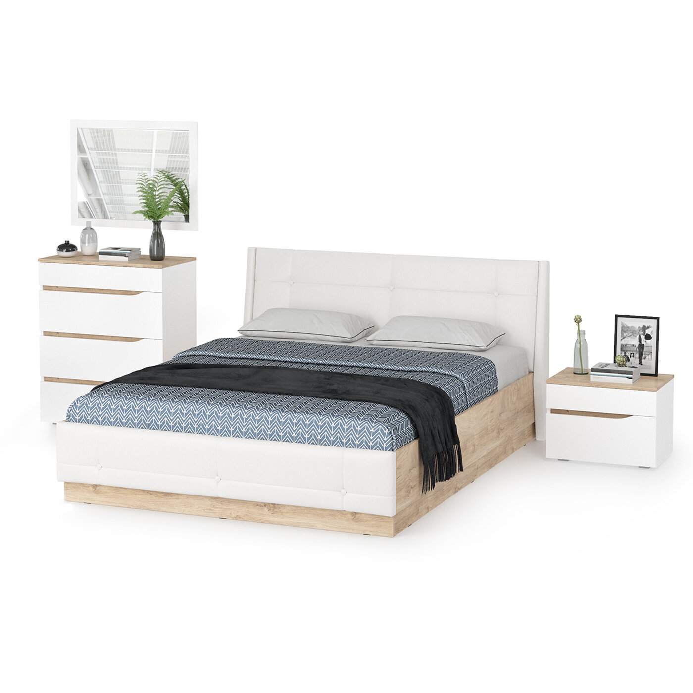 Кровать с подъёмным ортопедом Муссон 1600 с тумбочкой и комодом с зеркалом СВК белый/дуб эндгрейн элегантный/кожзам белый