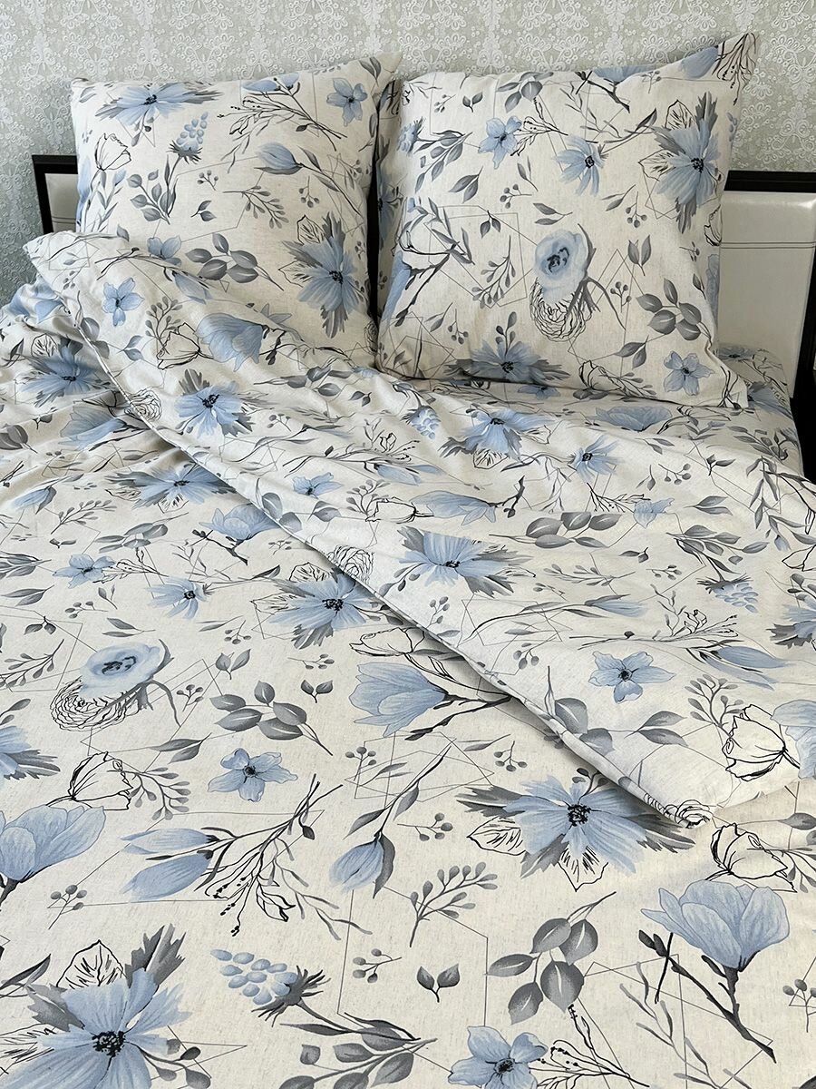 Комплект постельного белья "Магнолия", голубая, Евро, наволочки 50х70, лен 50%, хлопок 50%