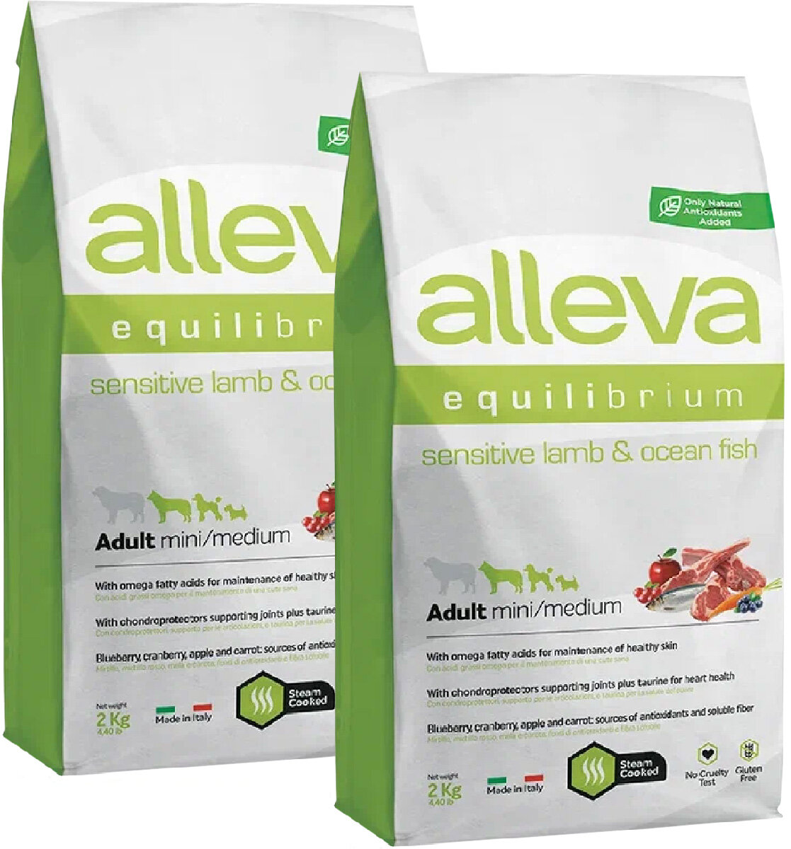 ALLEVA EQUILIBRIUM ADULT DOG MINI/MEDIUM SENSITIVE LAMB & OCEAN FISH для взрослых собак маленьких и средних пород с чувствительным пищеварением с ягненком и океанической рыбой (2 + 2 кг)