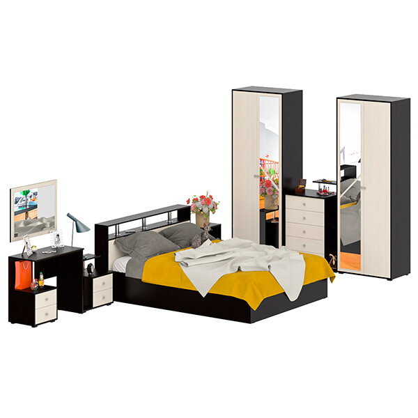 Спальня Камелия № 3 Кровать 1600 + Две тумбы + Стол косметич. + Зеркало + Комод + Шкаф 4-х, цвет венге/дуб лоредо, сп. м. 1600х2000 мм, б/м, осн. есть