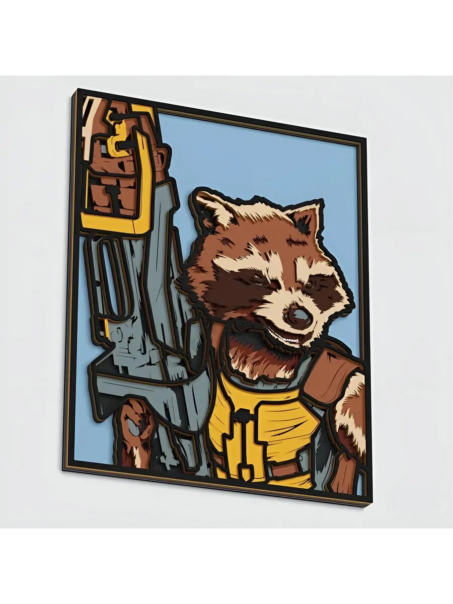 3D Картина по номерам из дерева Енот Ракета, 23x30 см