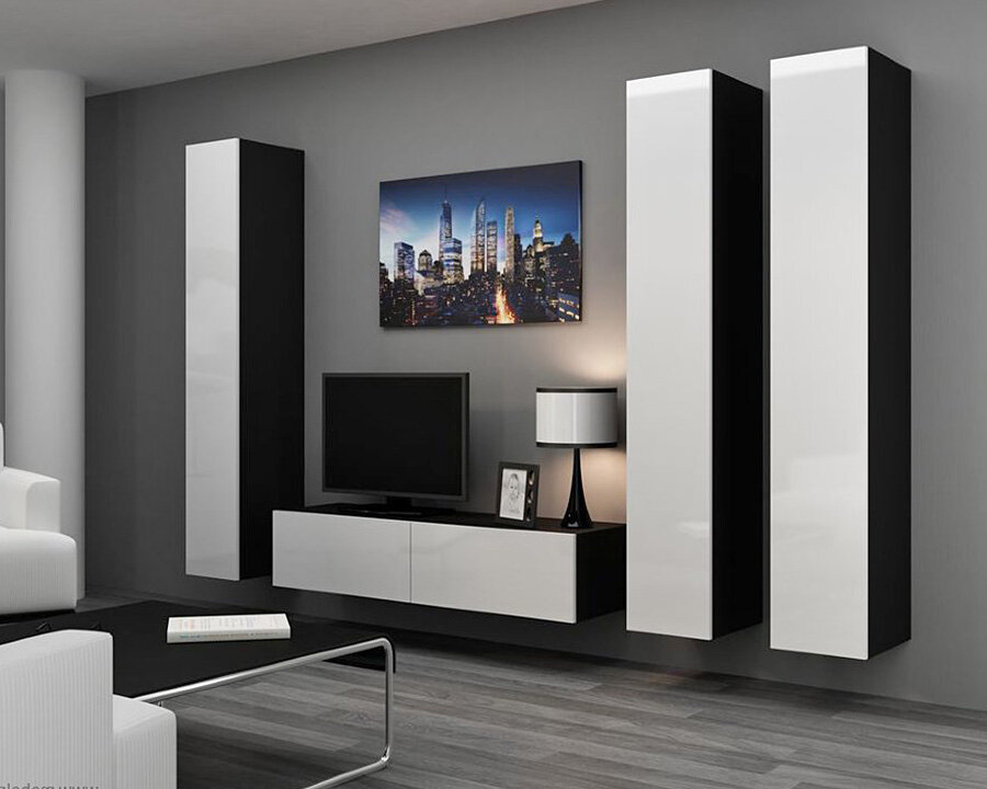 Гостиная Виго 14 МДФ Белый DM635-6 / Черный 0190 NEW 260x42x180 см, белый, черный GOODFORM