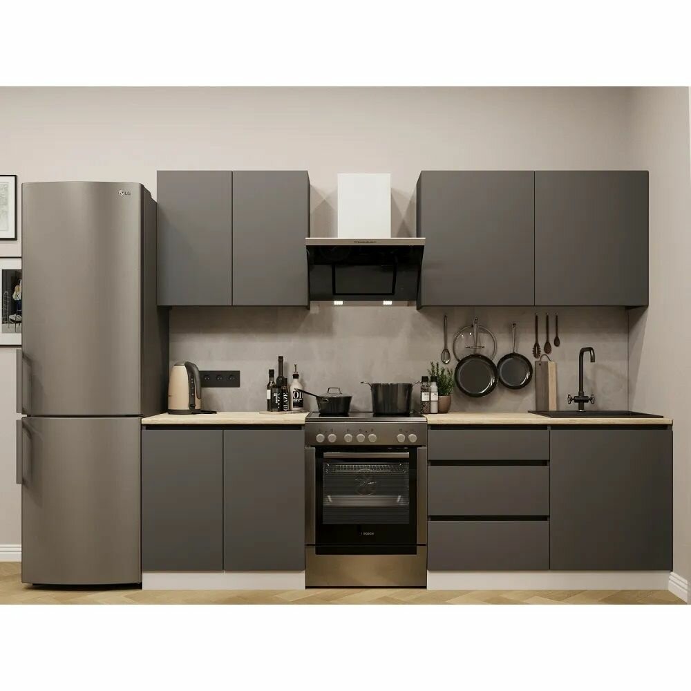 Кухня Денвер 2 м Серый графит/Дуб сонома с мойкой S-1 Черный глянец+Сифон (Комплект) 2000х442(600)х2150 Мебельный Рай