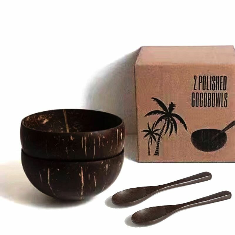 Набор посуды из кокоса 2 пиалы и 2 ложки / Две миски из скорлупы кокоса