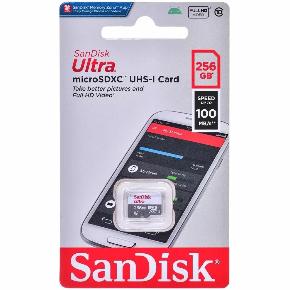 Карта памяти SanDisk microSDXC 256ГБ Ultra UHS-I, 100 Мб/с