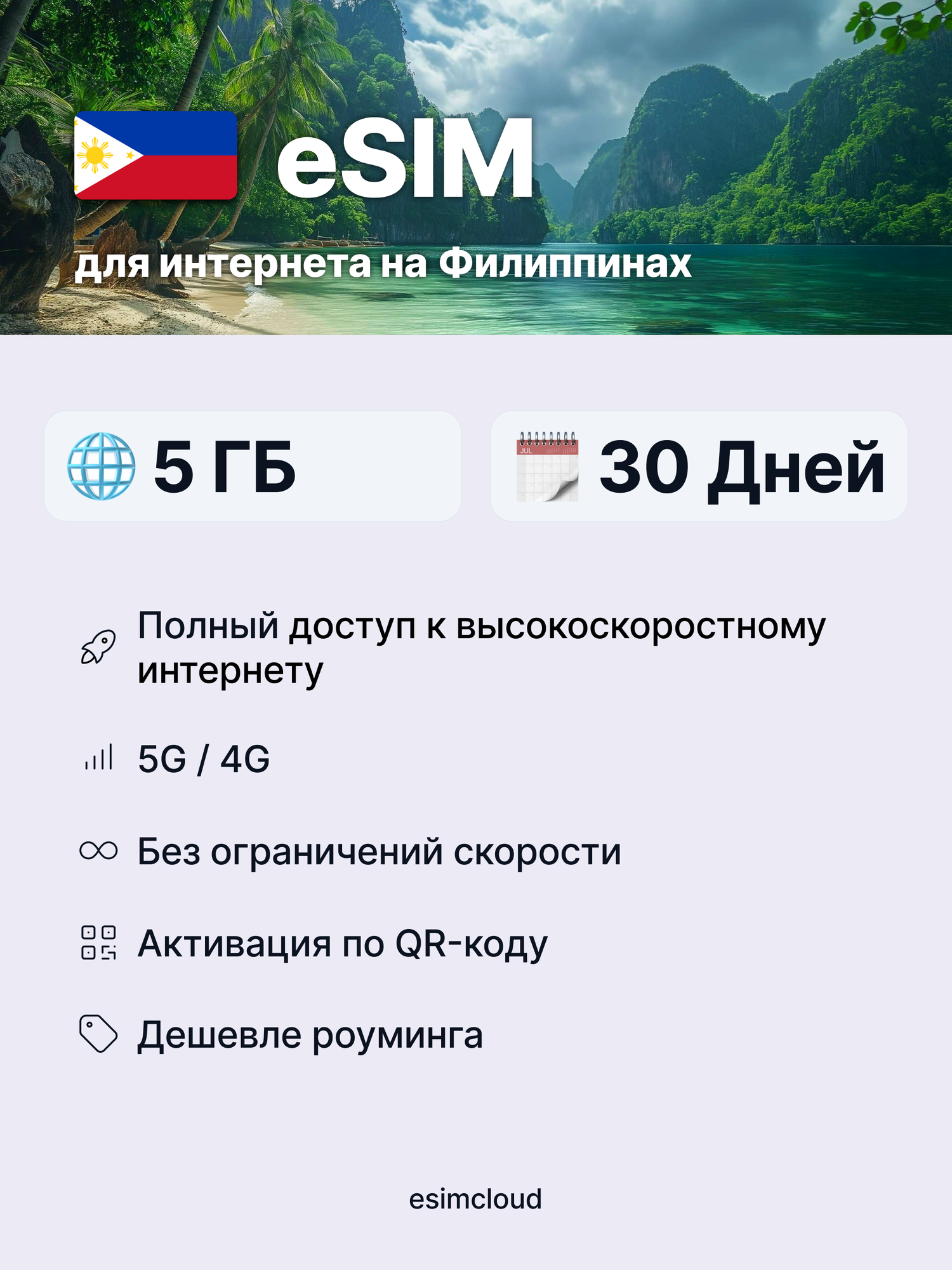 ESIM для Филиппин 5 ГБ / 30 дней • Мобильный интернет • Универсальная eSIM • 4G LTE / 5G • Смартфон и планшет