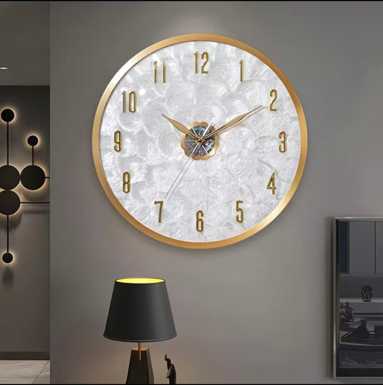 Легкие роскошные бесшумные настенные часы, изысканная латунь + раковина из морского ушка, Прямая 38 см